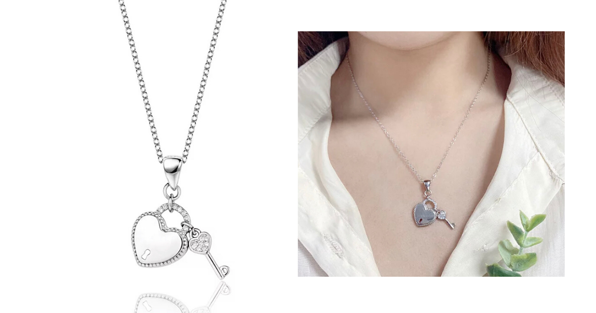 Romantic Sterling Silver CZ Heart Lock and Key Necklace
