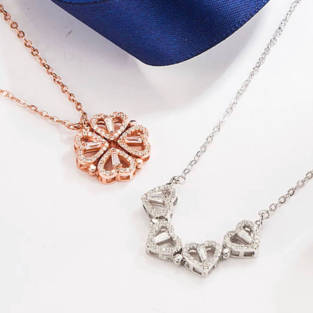 Shimmering CZ Sterling Silver 4 Leaf Clover Heart Two Way Magnetic Necklace Rose Gold